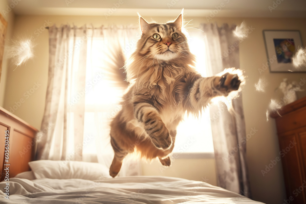 A Maine coon cat jumps over the bed following the flying yarn with ...
