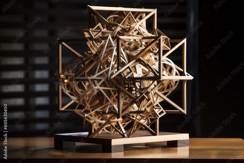 kinetic sculpture of interlocking geometric shapes, moving together in a mesmerizing dance ...