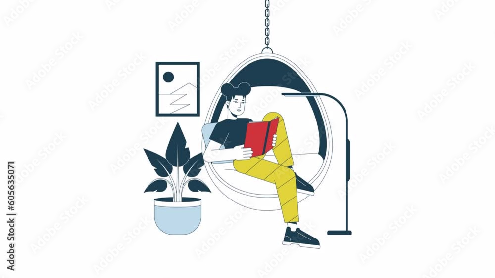 Reading in hanging chair animation. Animated isolated 2D asian woman ...