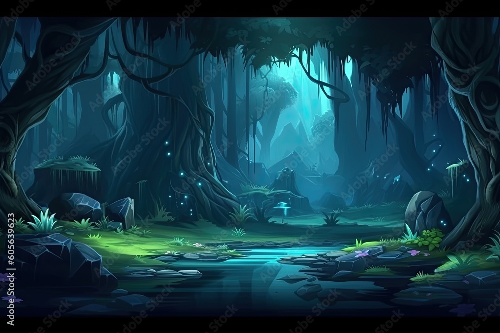 Dark forest 2D mobile game background, dark forest environment, horror ...