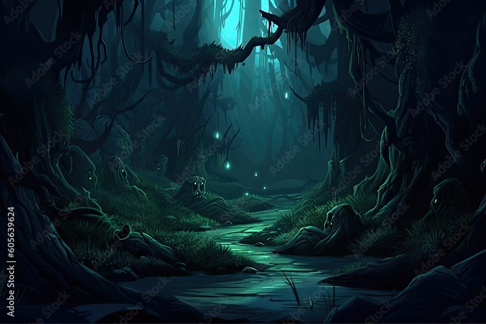 Dark forest 2D mobile game background, dark forest environment, horror ...