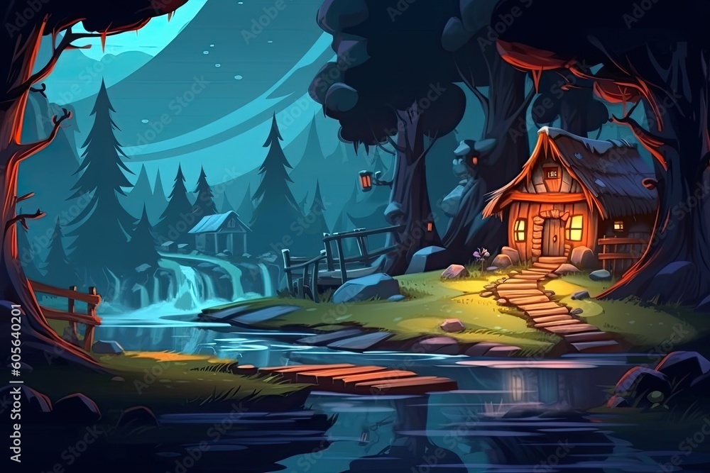 Fantasy world 2D mobile game background, 2D game houses, RPG ...