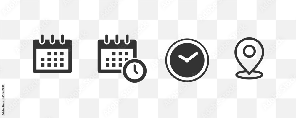 Calendar schedule date time location icon set on a transparent ...