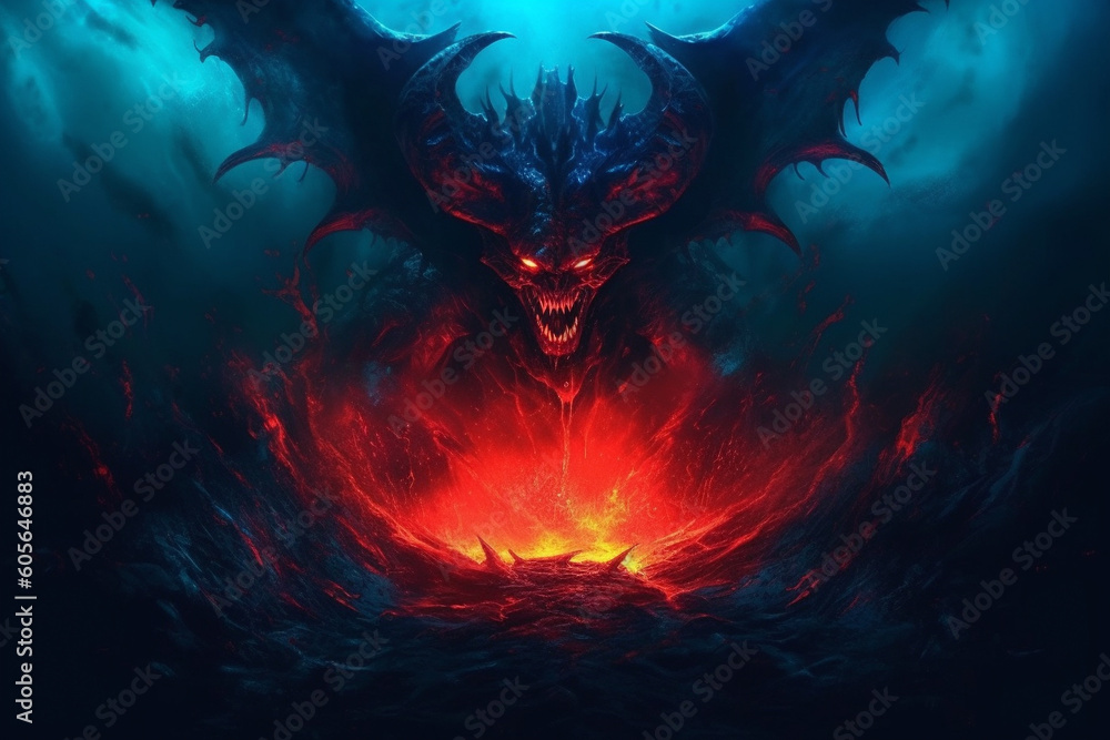 Concept of hell. Fierce flames and raging fire surround a ...