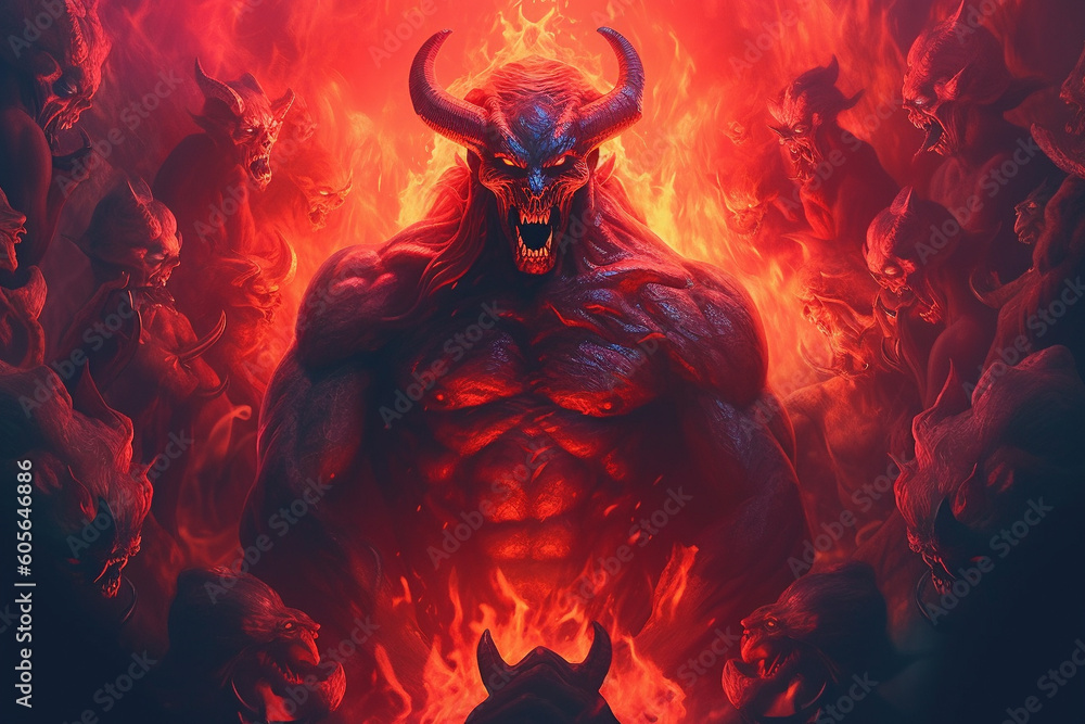 Concept of hell. Fierce flames and raging fire surround a ...