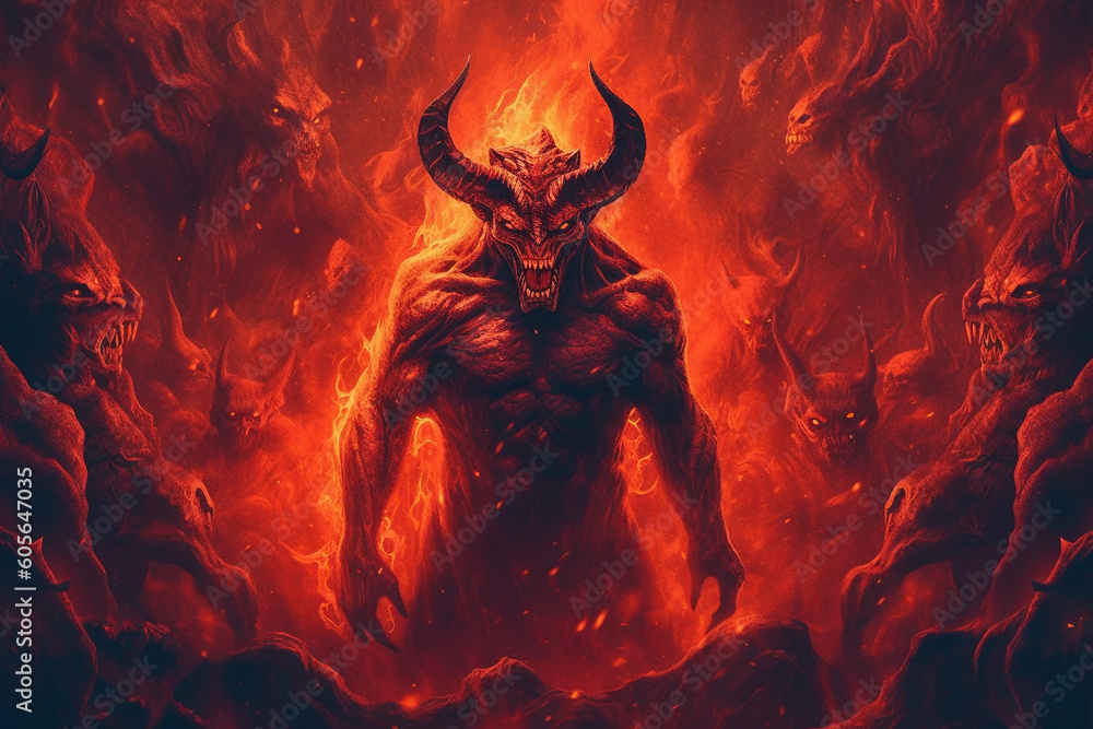 Concept of hell. Fierce flames and raging fire surround a ...