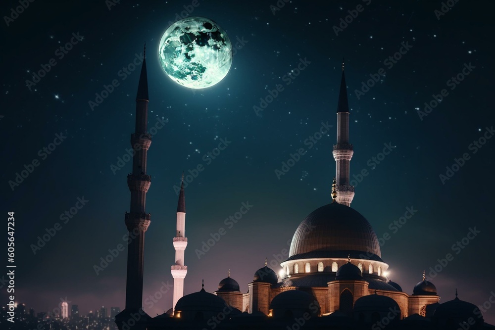 Islamic crescent moon with mosque on night sky. Religious symbolism ...