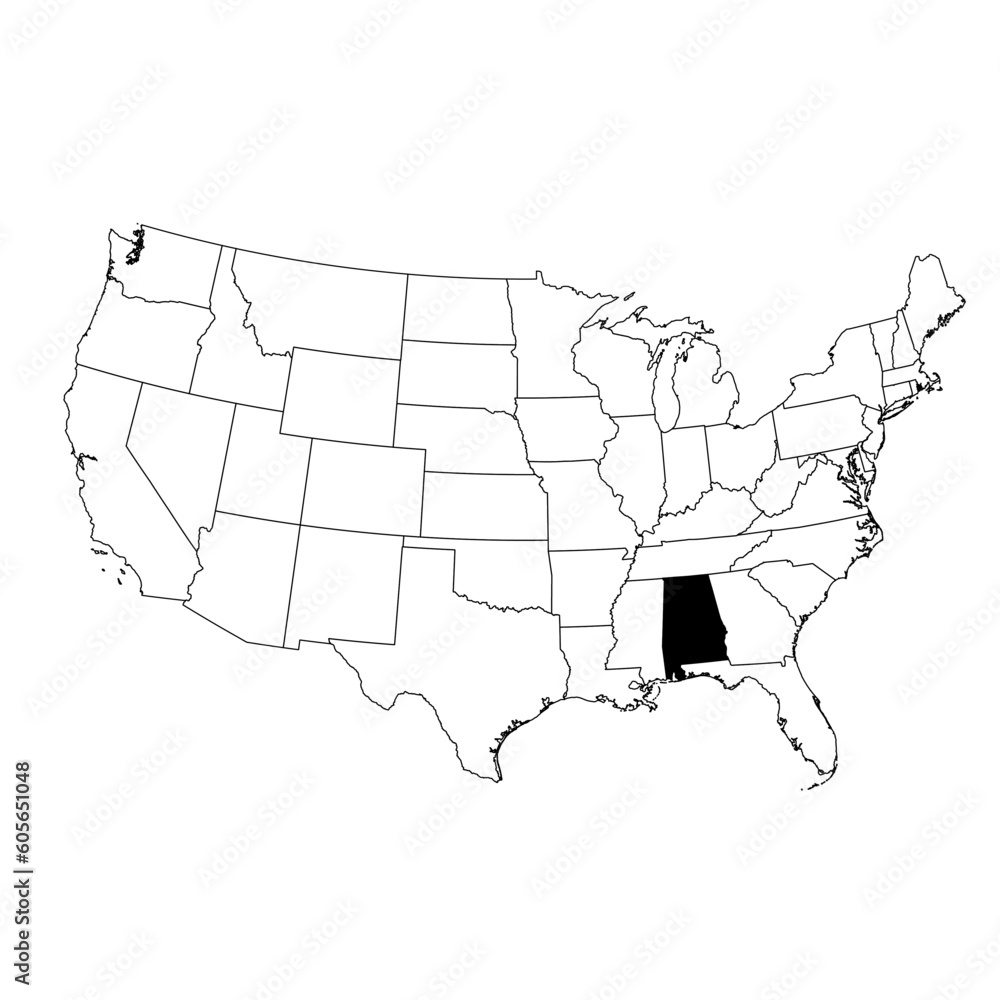 Vector map of the state of Alabama highlighted in black on the map of ...