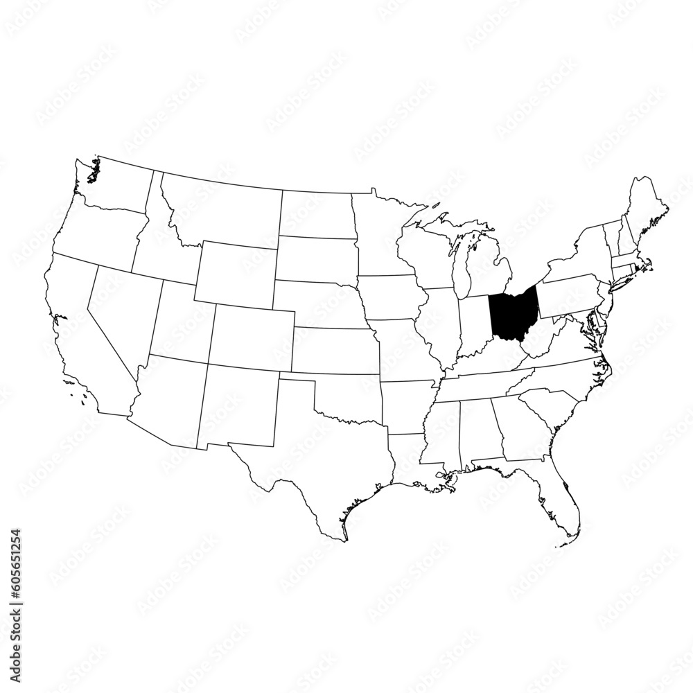 Vector map of the state of Ohio highlighted in black on the map of the ...