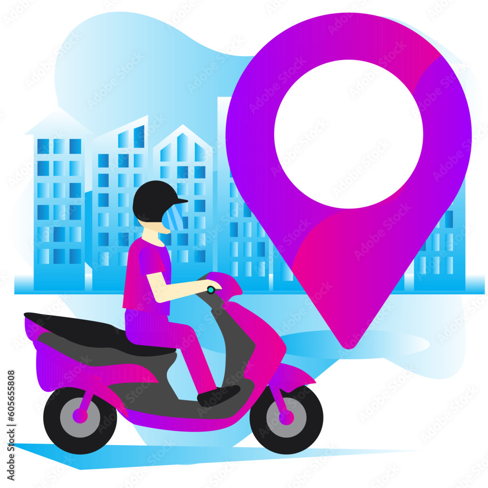 Location icon and a shipper with a motorcycle, blue high-rise buildings ...