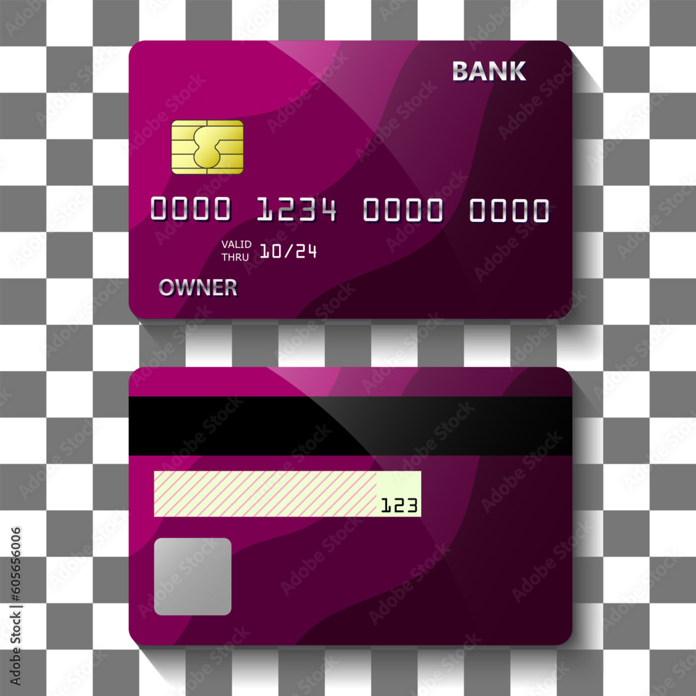 Purple realistic banking card template design, chess board background ...