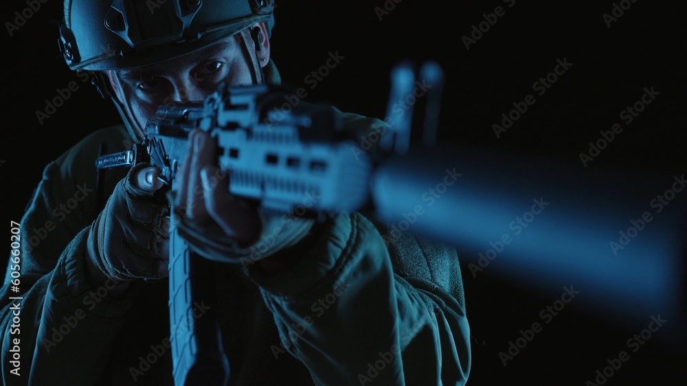 A Kalashnikov assault rifle in the hands of a Ukrainian soldier. The ...