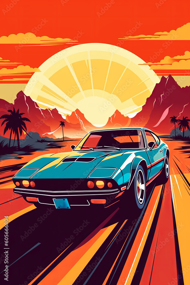 A vector illustration of a retro sports car with bold lines, vibrant ...