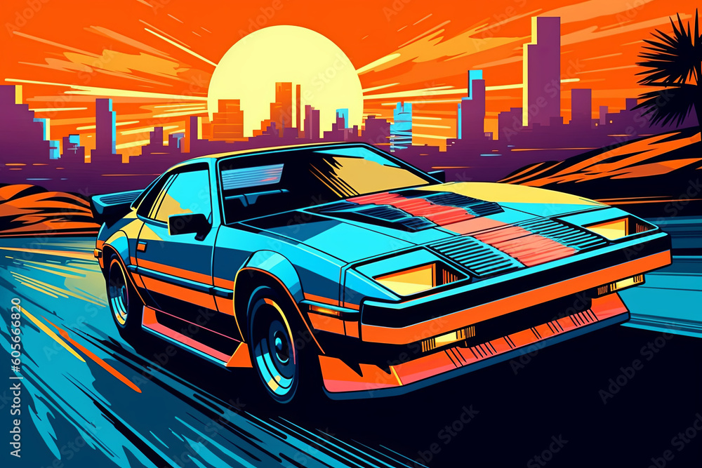 A vector illustration of a retro sports car with bold lines, vibrant ...