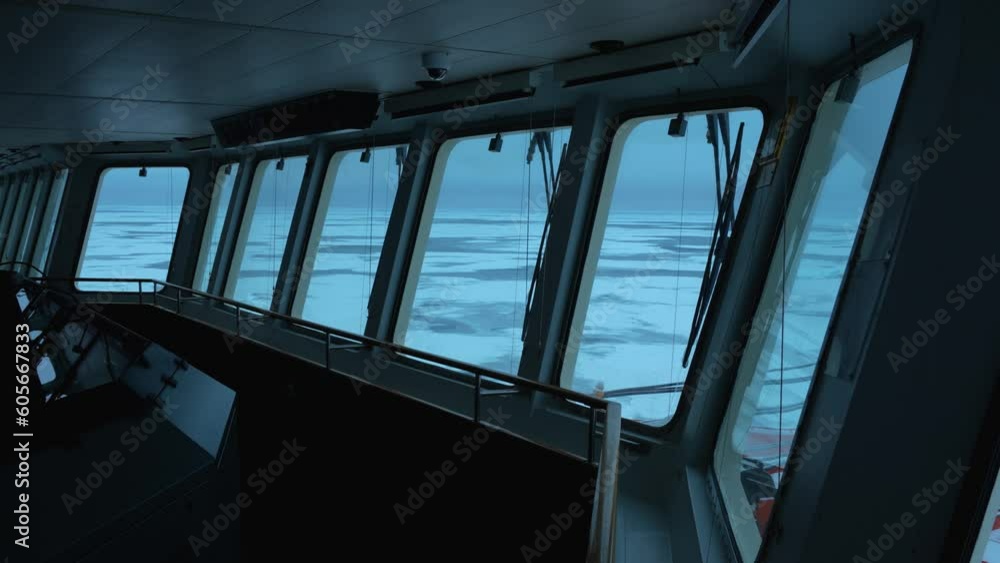 Ship. Navigation bridge. Frozen sea outside. Big windows in wheelhouse ...
