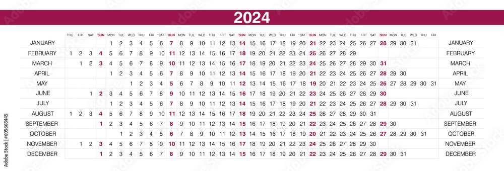 2024 calendar. Linear horizontal planner for year. Yearly calender ...