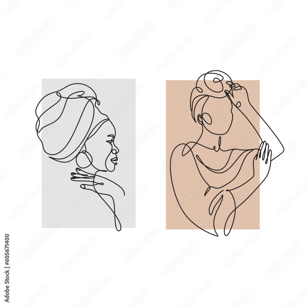 Minimalist Line art portrait of young Afro american woman in a ...