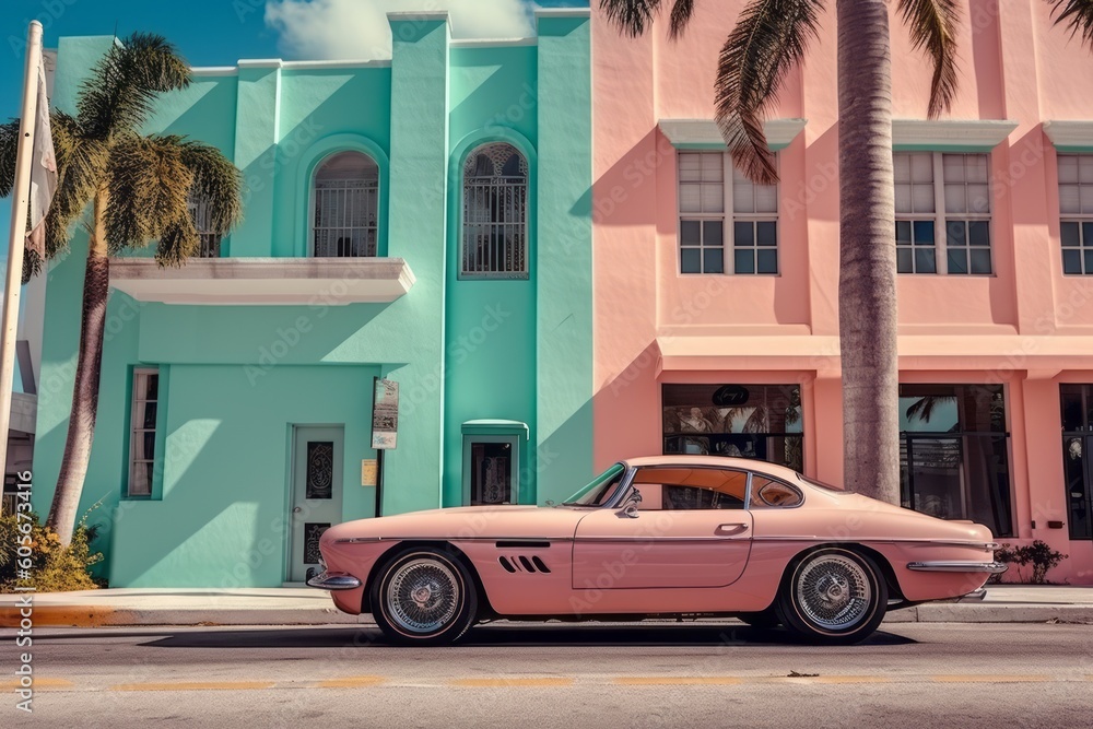 A close-up shot of a vintage 1980s sports car parked in front of a ...