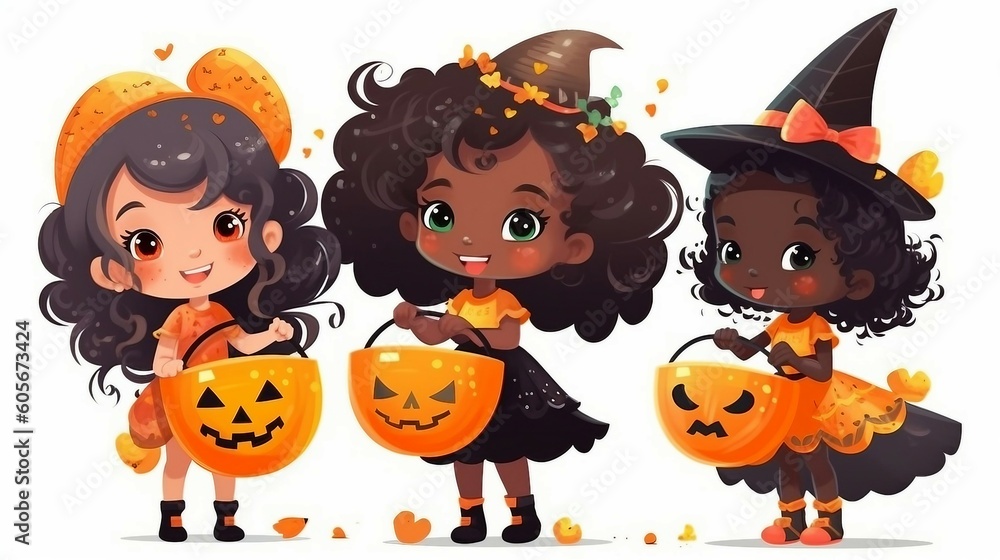 Cartoon little girls halloween witches with candy buckets, ai generated ...