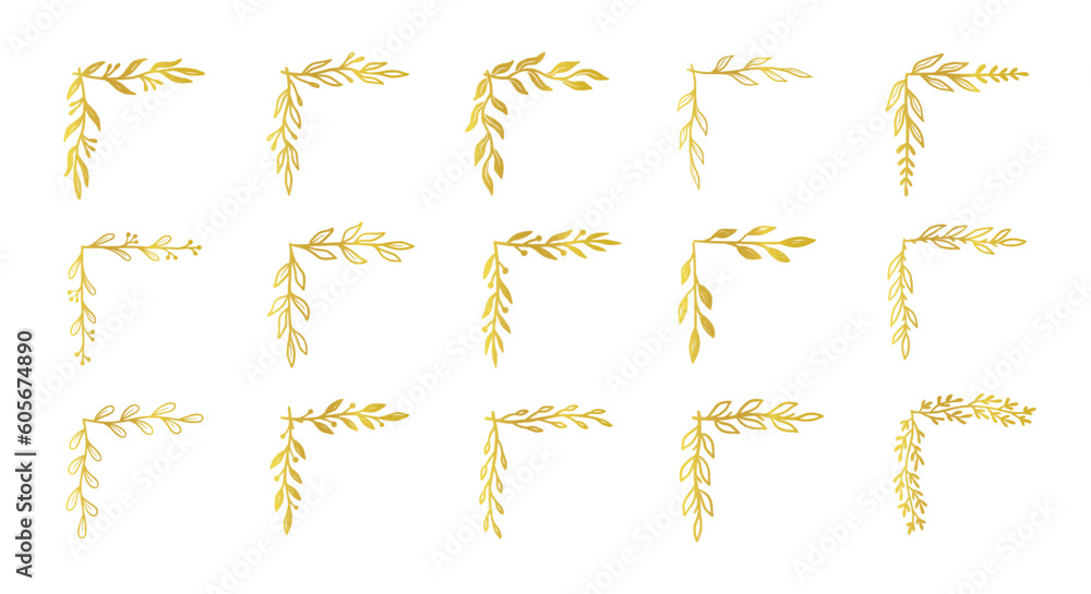 Gold corner border floral, flower frame set. Hand drawn rustic sketch ...