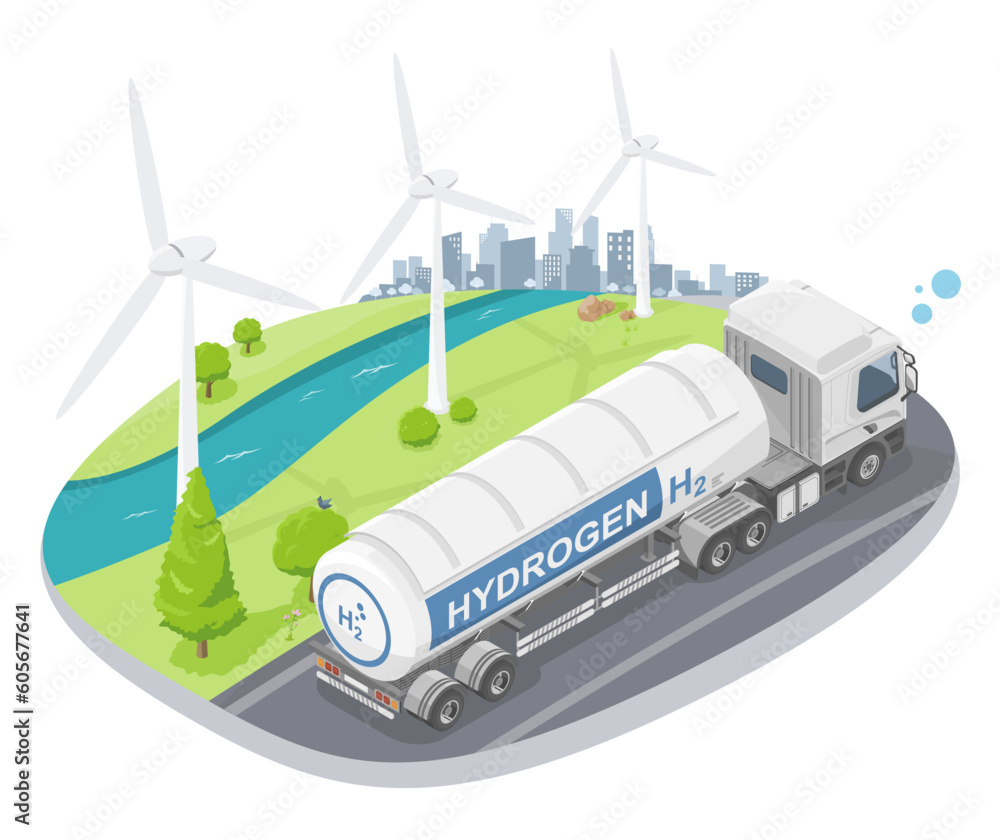 Green hydrogen H2 future energy transportation to city concept semi ...