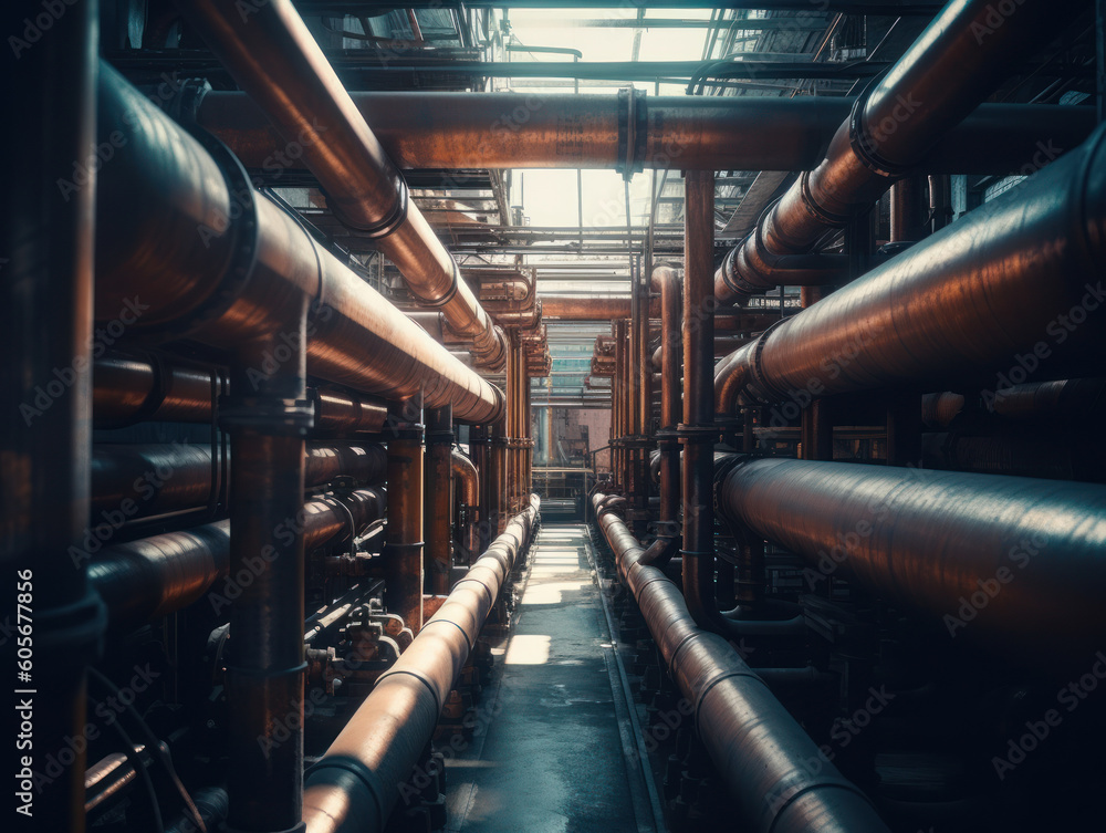 Industrial background Steel pipelines and valves Created with ...