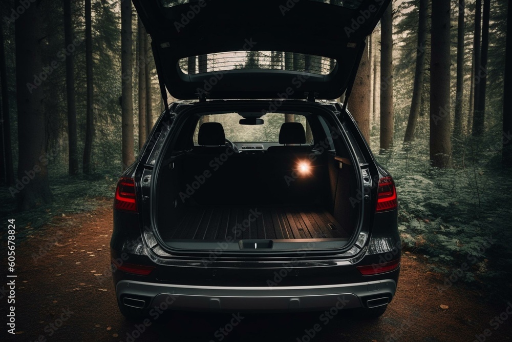 Big, tidy & vacant trunk in compact SUV interior. Back view of SUV with ...