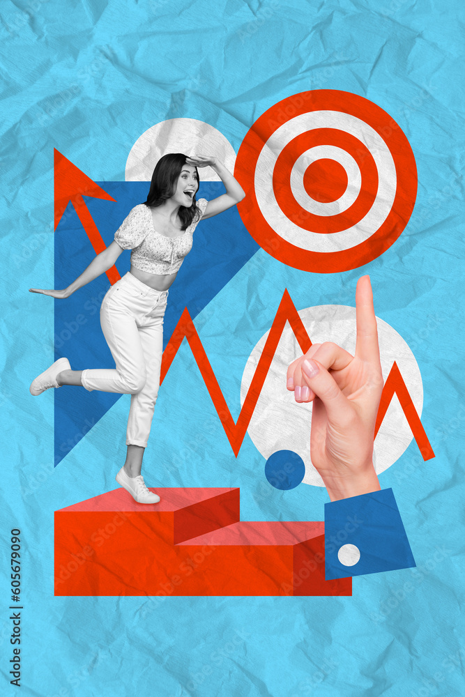 Vertical collage of impressed mini black white effect girl look big arm ...