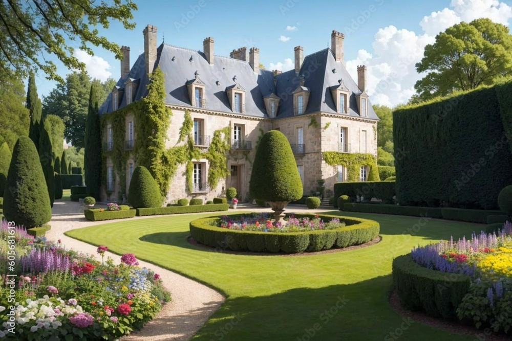 Illustration of a Renaissance architecture style French Castle in a ...