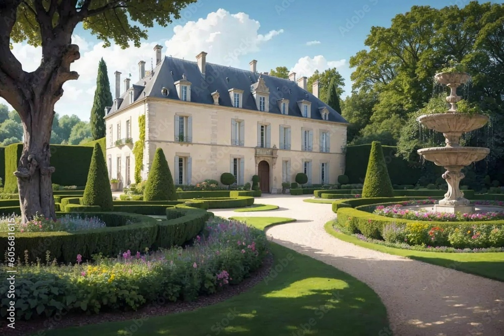 Illustration of a Renaissance architecture style French Castle in a ...