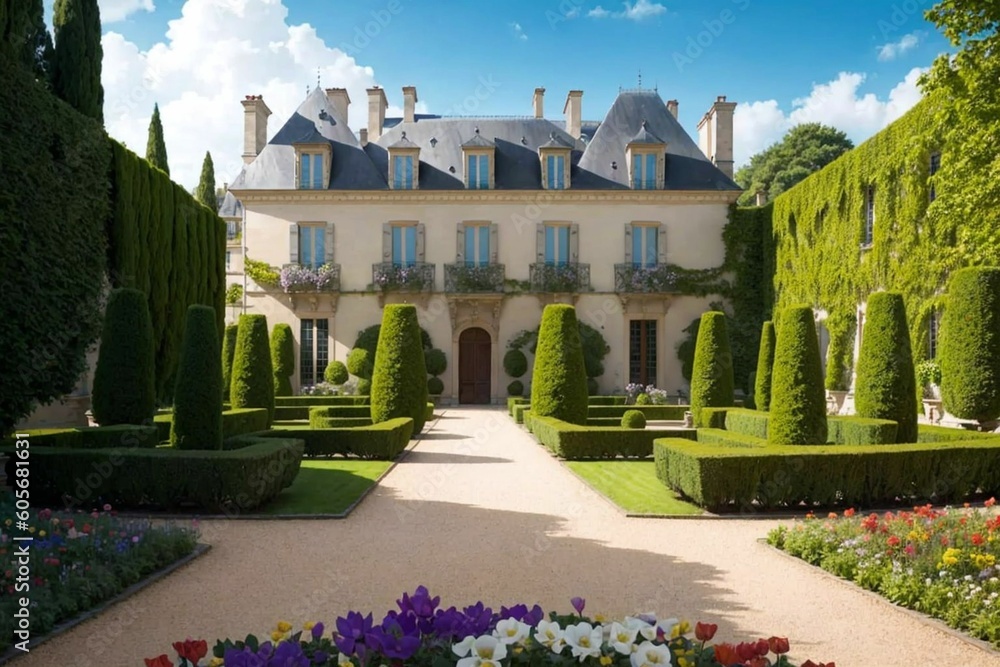 Illustration of a Renaissance architecture style French Castle in a ...