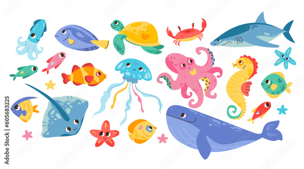 Cute sea animals and fish. Cartoon vector characters with smiling faces ...