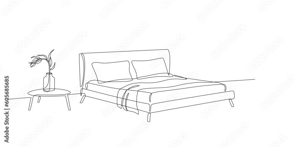 Continuous single line drawing of bed, plaid and flower in vase on ...