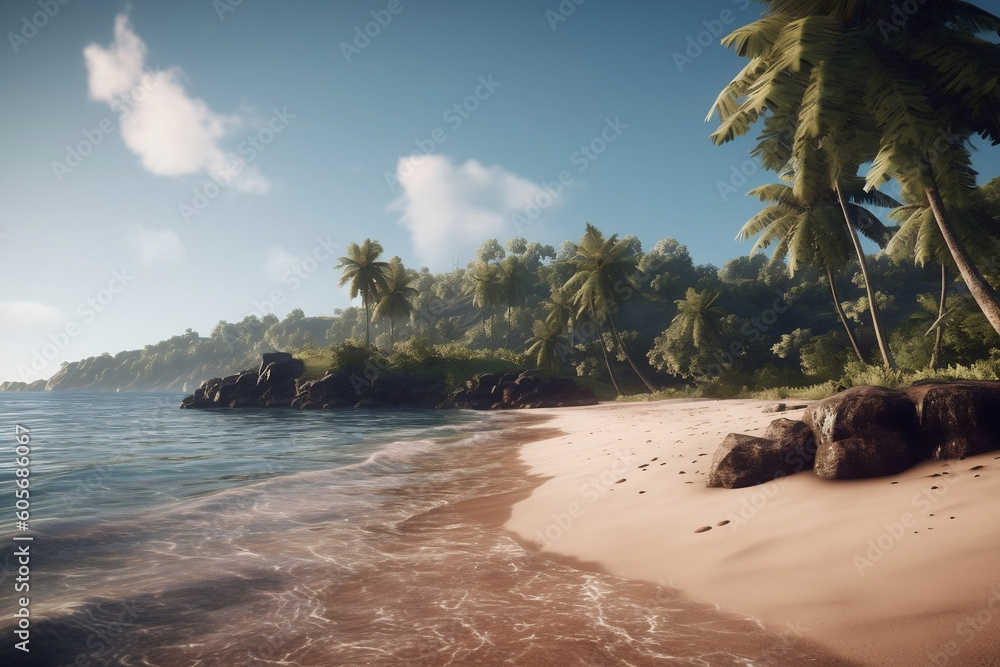 beach with palm trees and sea in an abandonned island that can used for ...