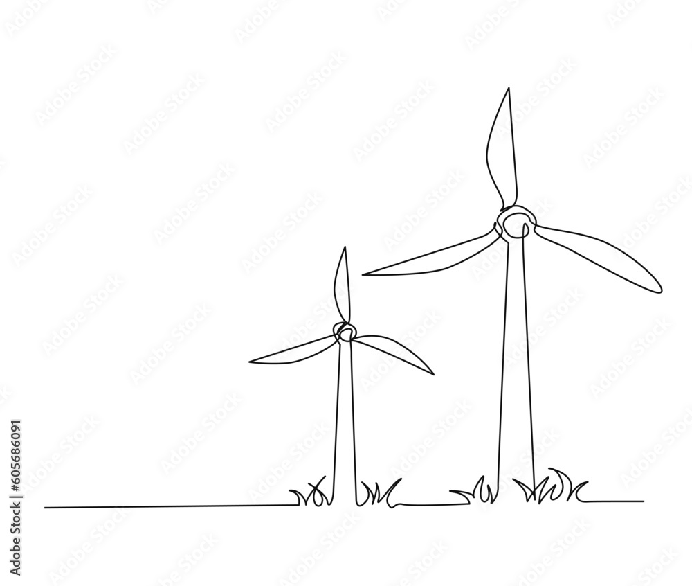 Continuous one line drawing of wind turbines power eco energy. Wind ...