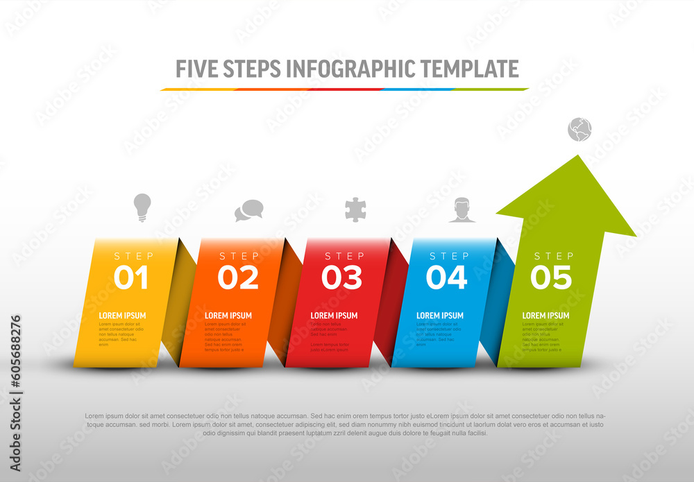 Five color stripe with arrow shape folded paper steps process ...