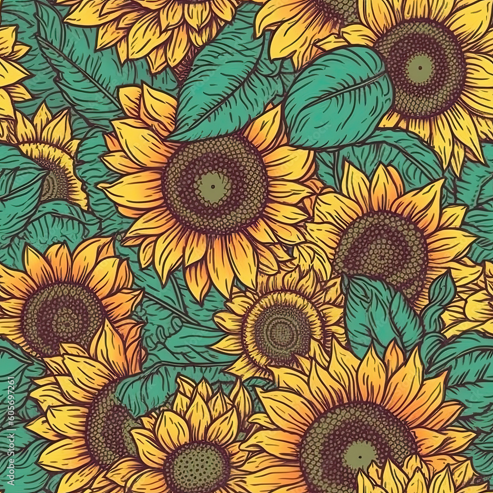 Seamless pattern, sunflowers in vintage style with leaves close-up ...