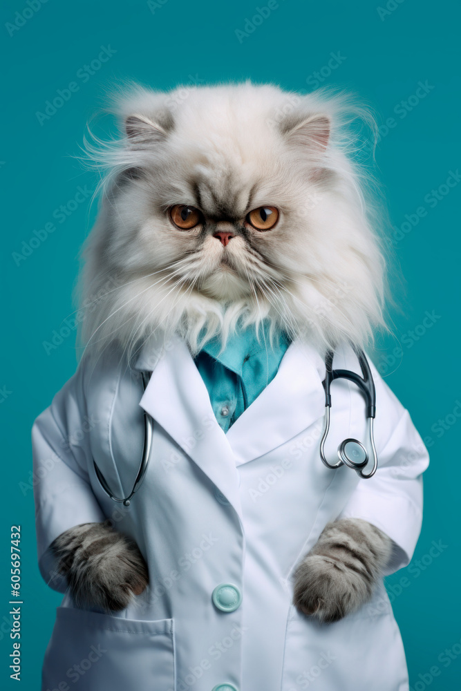 An anthropomorphic persian cat dressed as doctor hyper-realistic , the ...