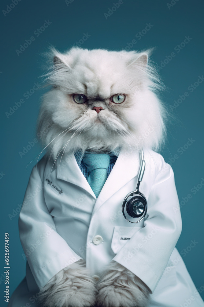 An anthropomorphic persian cat dressed as doctor hyper-realistic , the ...