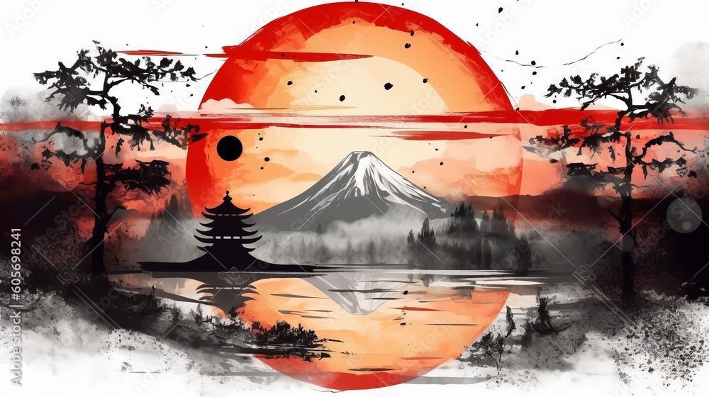 Japan traditional sumi-e painting. Fuji mountain, sakura, sunset. Japan ...