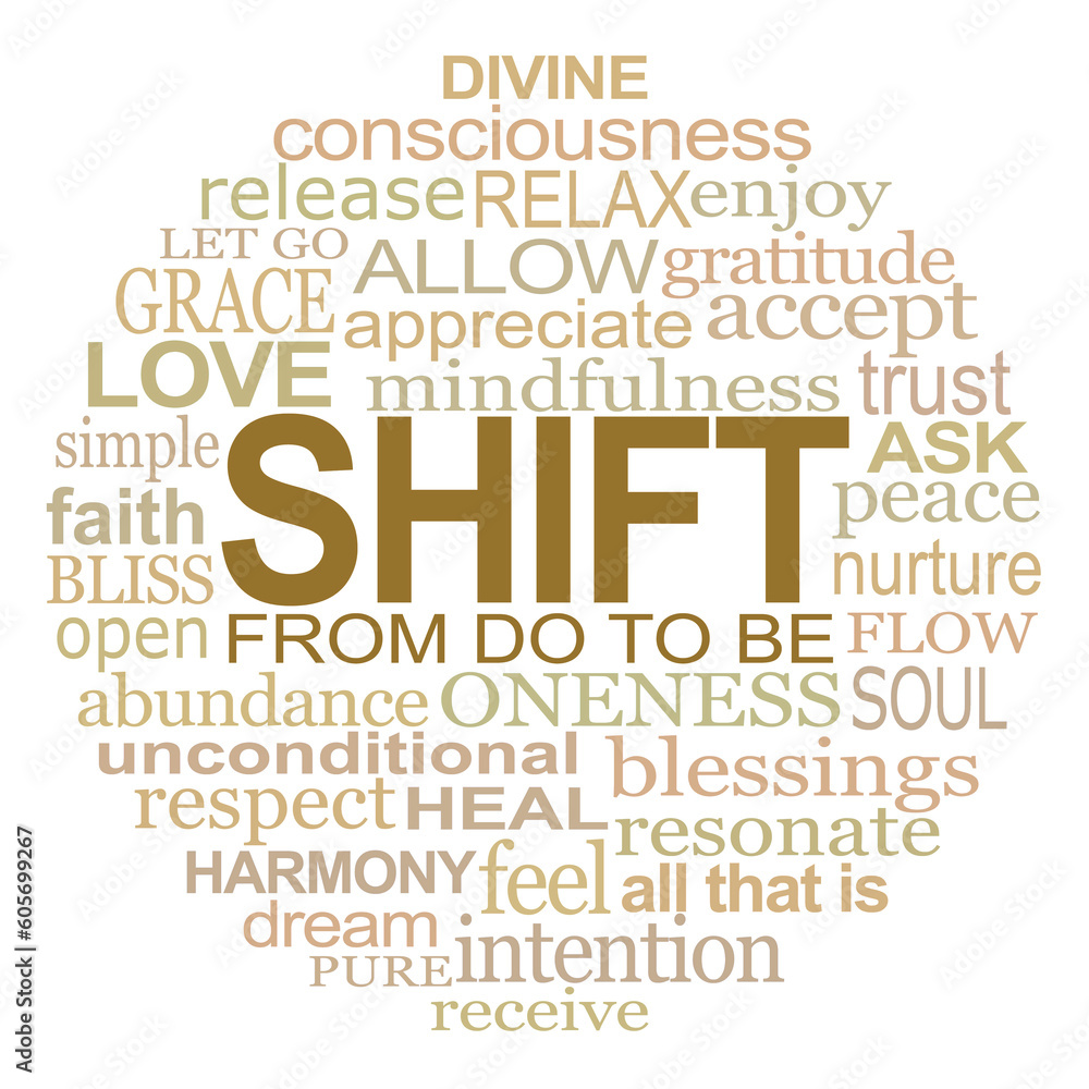Circle of words in gold relevant to SHIFT FROM DO TO BE word cloud ...