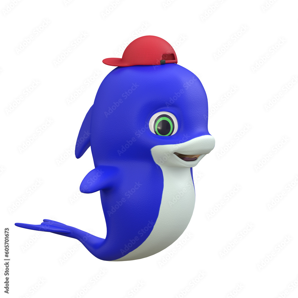Cute dolphin fish cartoon character in blue and wearing a red hat ...