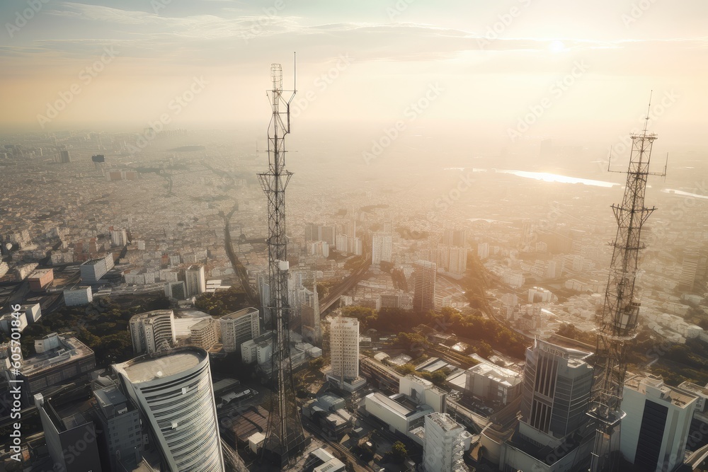 aerial view of city, with 5g antennas installed on tall buildings and cell towers, created with ...