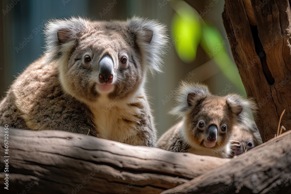 koala family, with the mother and father keeping watch over their ...