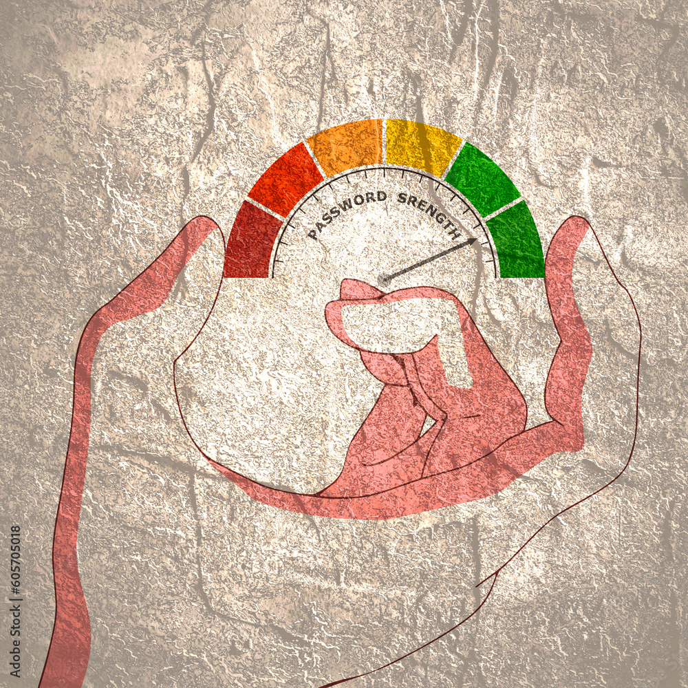 Hand holding abstract meter reading level of password strength. Color ...