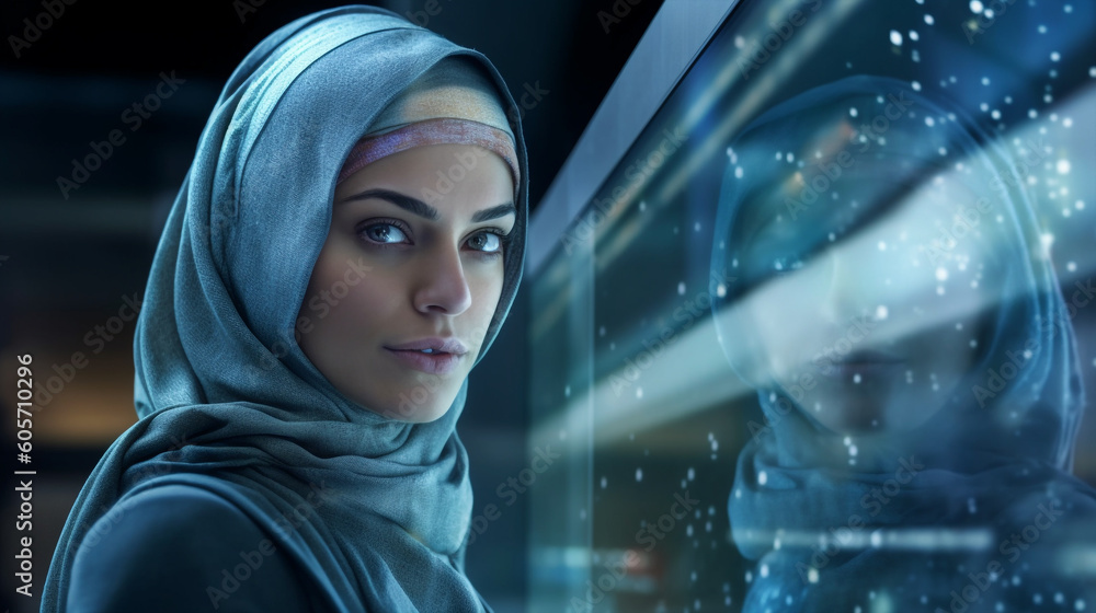 Generative ai middle eastern woman wearing hijab posing in futuristic ...