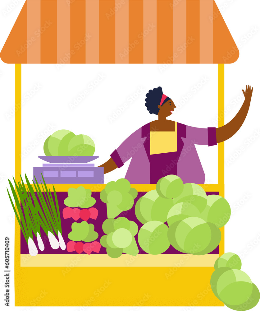Woman trader in farm kiosk waves and invites customers. Local vegetable ...