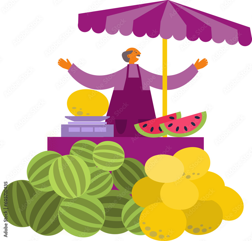 Man trader in farm kiosk calls and invites customers. Local fruit and ...