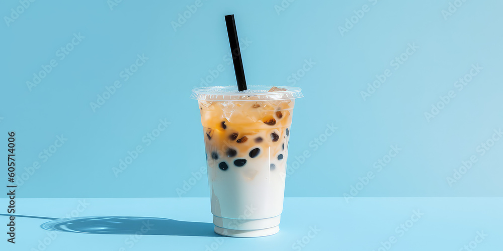 Ice buble or boba milk tea in plastic cup with straw on flat blue ...