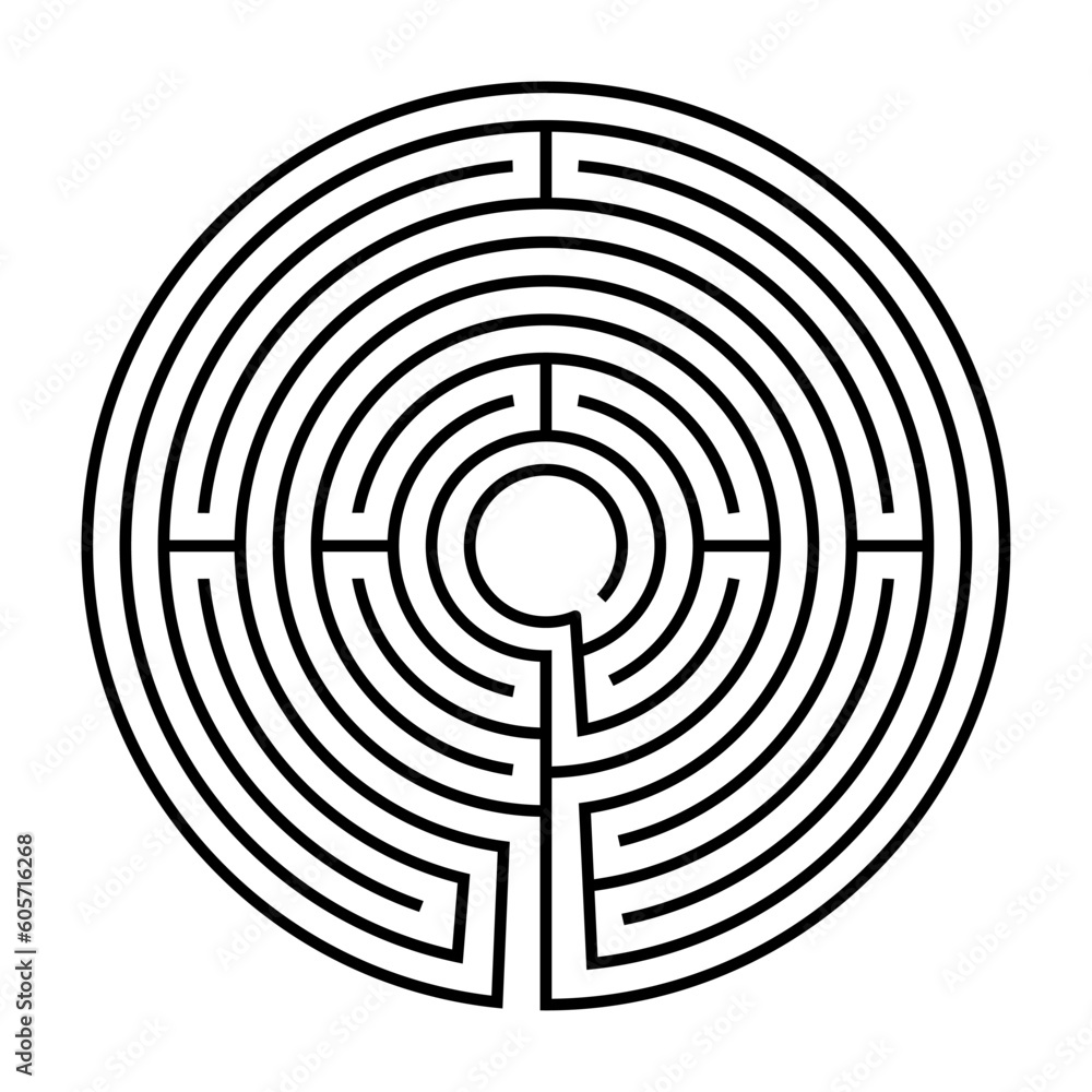 Circle shaped medieval labyrinth of Bayeux Cathedral. Single path maze ...